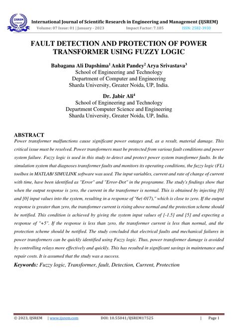 Pdf Fault Detection And Protection Of Power Transformer Using Fuzzy Logic