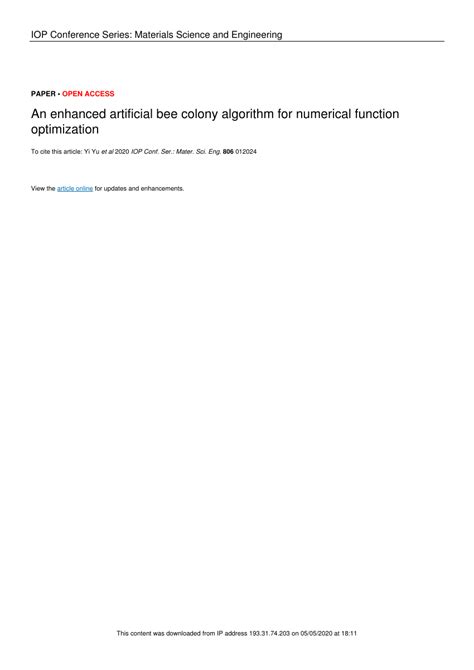 Pdf An Enhanced Artificial Bee Colony Algorithm For Numerical Function Optimization