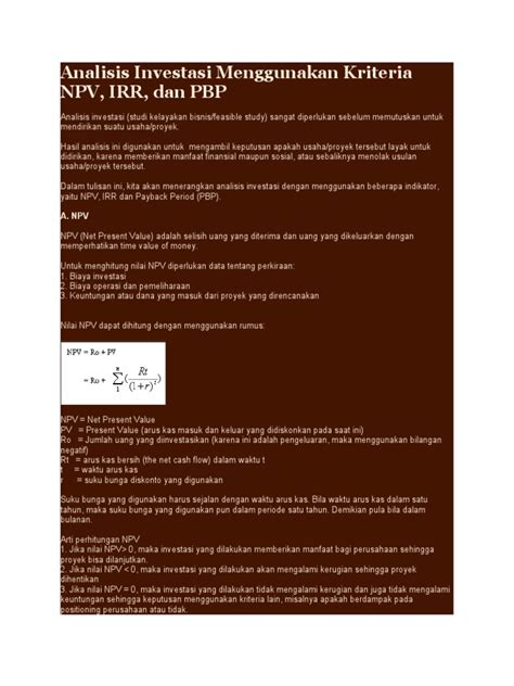 Pertemuan 3 Analisis Investasi Menggunakan Kriteria Npv Irr Dan Pbp Pdf