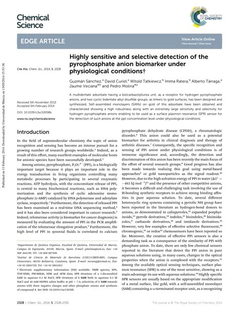 Pdf Highly Sensitive And Selective Detection Of The Pyrophosphate Anion Biomarker Under