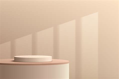 크림 브라운 벽 장면과 창 조명추상 3d 베이지 실린더 받침대 연단 화장품 디스플레이 프레젠테이션을 위한 최신 기하학적 렌더링