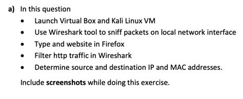 Solved In This Question 1 Launch Virtualbox And Kali Linux Vm 2 Use The Wireshark Tool To
