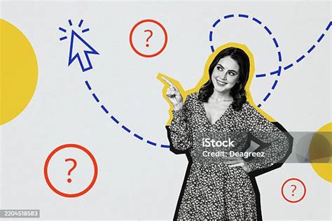 행복 아름 다운 소녀 포인트 손가락 커서 웹 페이지 검색 화살표 인터넷 기술의 복합 사진 콜라주 페인트 배경에 고립 20 24세에 대한 스톡 사진 및 기타 이미지 Istock