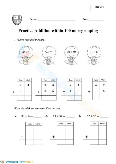 Practice Additon Within 100 No Regrouping Worksheet