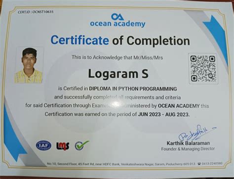 Diploma In Python Programming Completed At Ocean Academy Logaram Selvam