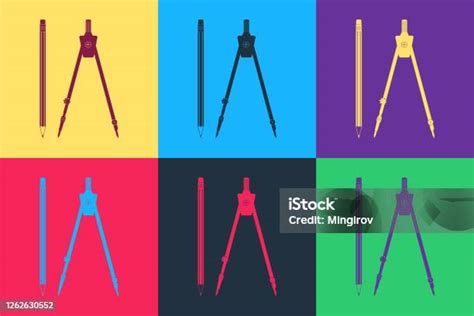 팝 아트 드로잉 나침반과 연필 아이콘은 색상 배경에 고립되어 있습니다 교육 표지판 드로잉 및 교육 도구 기하학적 장비 학교