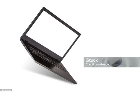 흰색 배경에 격리 된 빈 흰색 화면이 있는 현대 검은색 노트북을 공중에 떠 있거나 비행 노트북에 대한 스톡 사진 및 기타 이미지 노트북 공중 부양 보여주기 Istock