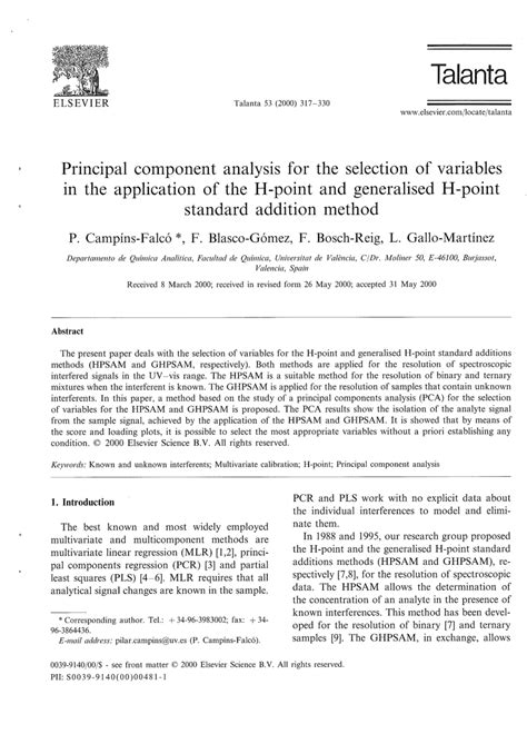 Pdf Principal Component Analysis For The Selection Of Variables In The Application Of The H