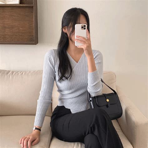 가을하객룩💐 골지 긴팔 가을 사선 크로스 랩 브이넥니트
