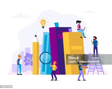 독서와 학습 개념 그림 책 연필 다양 한 작업을 수행 하는 작은 사람들 문자 평면 스타일에서 벡터 일러스트 레이 션 개념에 대한 스톡 벡터 아트 및 기타 이미지 Istock