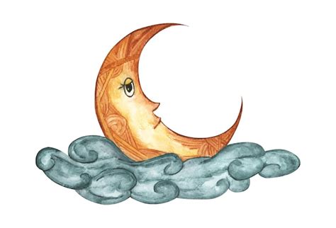 구름에 초승달 수채화 그림 프리미엄 벡터