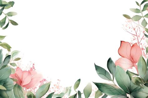 잎과 장미 수채화 꽃 프레임 테두리 프리미엄 사진