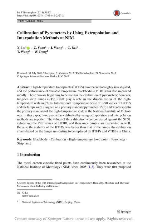 Calibration Of Pyrometers By Using Extrapolation And Interpolation Methods At Nim Request Pdf