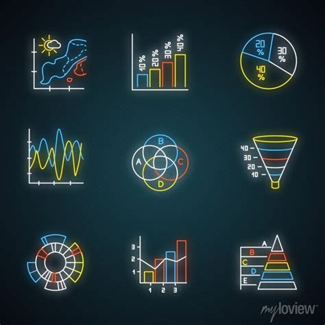 Chart And Graph Neon Light Icons Set Temperature Map Vertical Posters For The Wall Posters