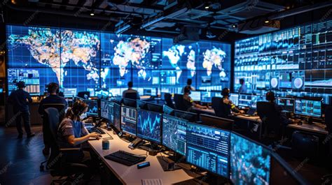 Cybersecurity Operations Center A Bustling Hightech Operations Center With Large Screens