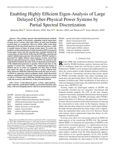 Pdf Enabling Highly Efficient Eigen Analysis Of Large Delayed Cyber Physical Power Systems By