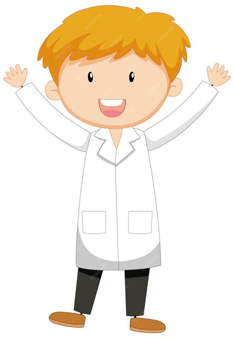 가운을 입은 귀여운 남성 과학자 만화 캐릭터 프리미엄 벡터
