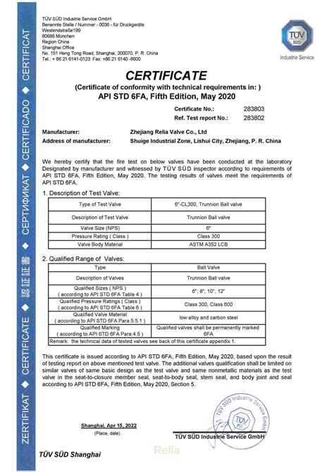 Valve Certificate Report Relia