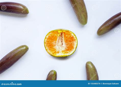 Orange With Eggplants On White Background Sex Concept Stock Photo Image Of Closeup Color