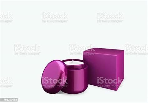 빈 깊은 라일락 진주층 화장품 항아리는 흰색 배경에 정면 시야각에 얼룩 크림이 있는 조롱 3d 그림 공란에 대한 스톡 사진 및