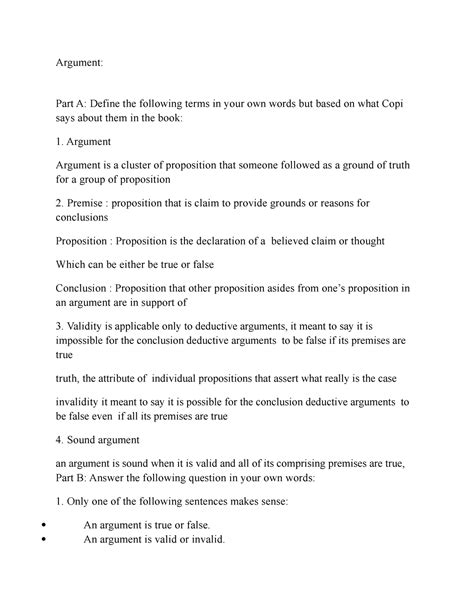 Intoro To Phil Introduction To Logic Argument Part A Define The Following Terms In Your