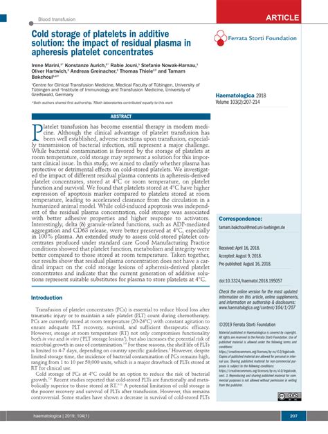 Pdf Cold Storage Of Platelets In Additive Solution The Impact Of Residual Plasma In Apheresis