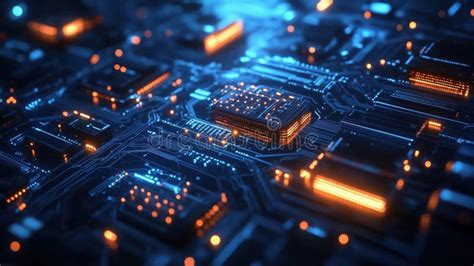 Futuristic Circuit Board With Glowing Blue And Orange Lights In A Digital Landscape Stock Image