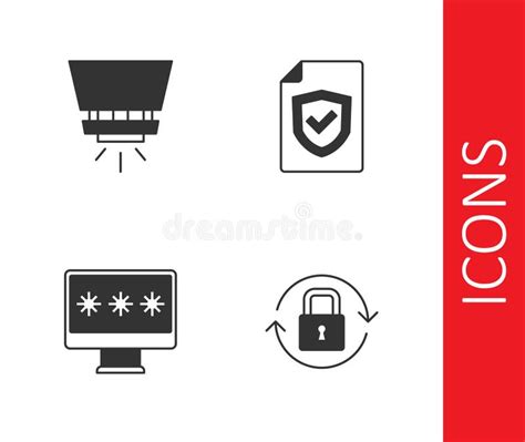 Set Lock Fire Sprinkler System Monitor With Password And Contract Shield Icon Vector Stock