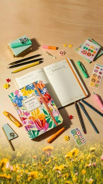 Notebook On Spring And Different Stationary Premium Ai Generated Image