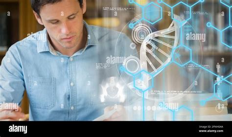 Composition Of Dna Strand And Medical Data Processing Over Male Student Stock Photo Alamy