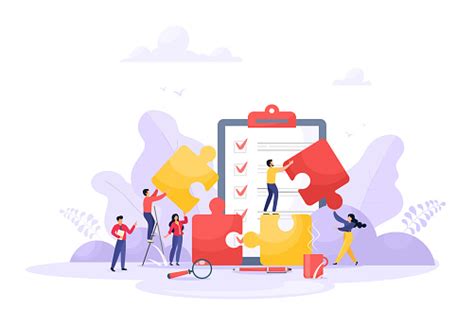 비즈니스 개념입니다 퍼즐 요소를 연결하는 사람들 팀워크 파트너십 협력의 상징 벡터는 추세 색상의 흰색 배경에 격리됩니다 개념에 대한 스톡 벡터 아트 및 기타 이미지 Istock