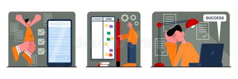 Illustrations Set Of Successful Workers Completed All Work Assignments