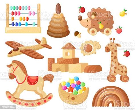 만화 나무 장난감 아이 게임 및 엔터테인먼트 나무 비행기 말과 벽돌 고립 된 벡터 일러스트 세트를위한 어린이 빈티지 나무 장난감 목재 재료에 대한 스톡 벡터 아트 및 기타