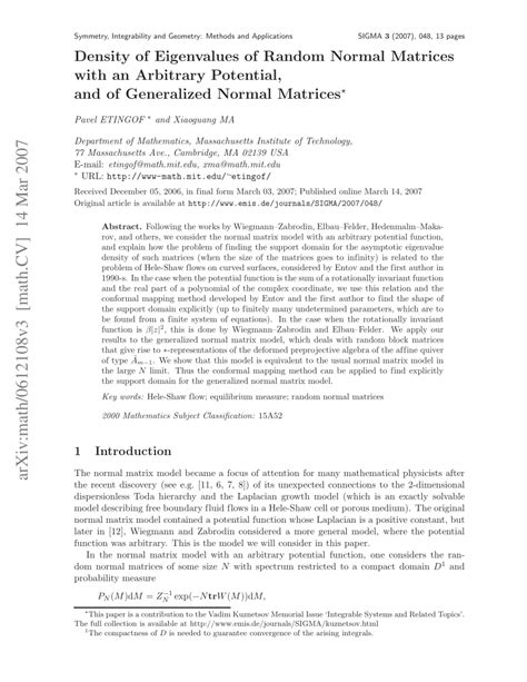 Pdf Density Of Eigenvalues Of Random Normal Matrices With An Arbitrary Potential And Of