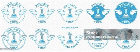 포장 제품을 위한 개념 스탬프 세트입니다 라벨링 황산염 무료 날개가 달린 스탬프는 해방 자유의 상징입니다 화학 플라스크 플랫 아이콘과 흐르는 성분 라인 벡터