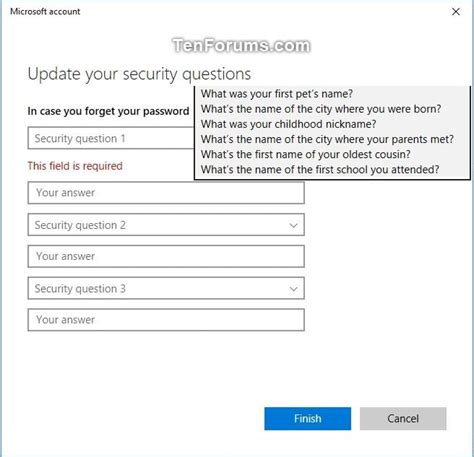 Add Or Update Security Questions For Local Account In Windows 10