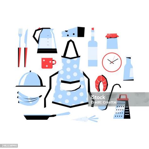 주방 도구와 재료 와 앞치마 에서 요리 준비와 요리의 열정을 상징하는 평면 벡터 일러스트 레이 션 흰색 배경에 고립 된 가정 생활에 대한 스톡 벡터 아트 및 기타 이미지
