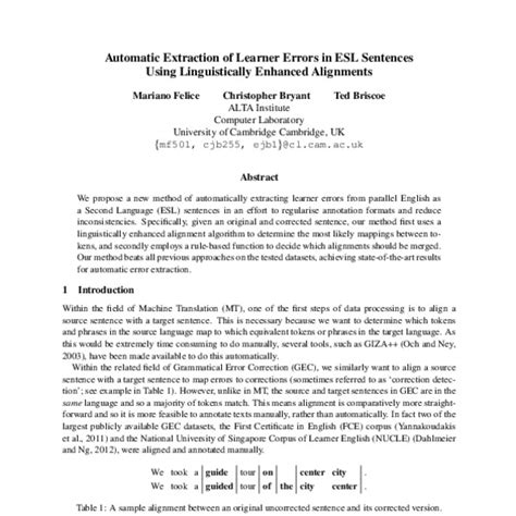 Automatic Extraction Of Learner Errors In Esl Sentences Using Linguistically Enhanced Alignments
