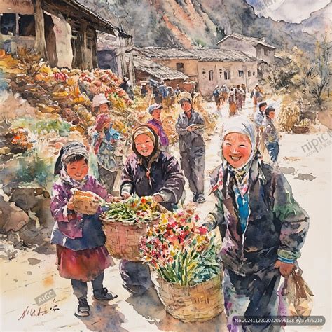 Ai创作图凉山水彩 黔东南水彩 纳西族水彩 原创水彩少数名族风光 迪庆水彩迪庆水粉 丰收喜悦图 春游买花图 油画民族化 爨底下风情油画 新疆水彩2019新疆 农家妇女赶集 维吾尔族水彩 新疆