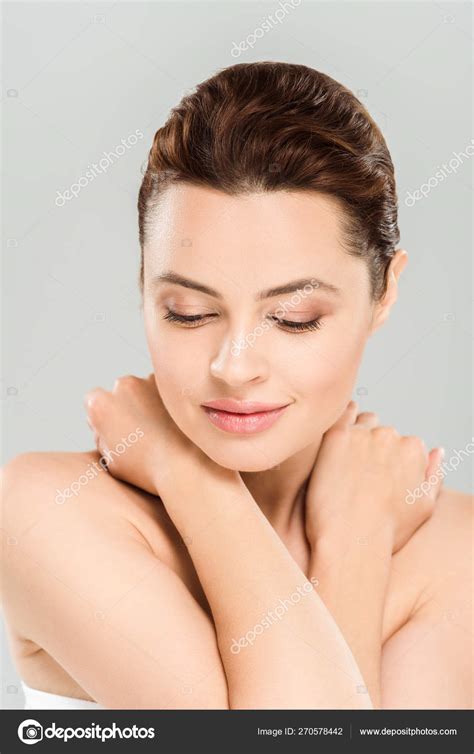 Cheerful Naked Woman Touching Neck Isolated Grey Stock Photo By