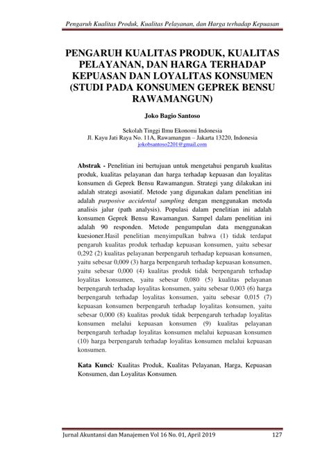 Pdf Pengaruh Kualitas Produk Kualitas Pelayanan Dan Harga Terhadap Kepuasan Dan Loyalitas