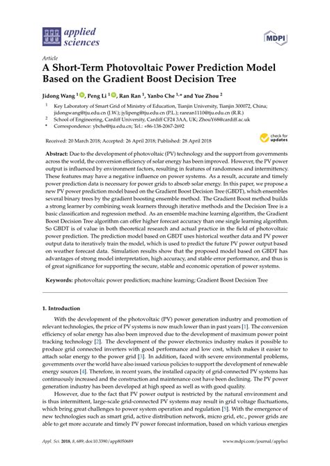 Pdf A Short Term Photovoltaic Power Prediction Model Based On The Gradient Boost Decision Tree