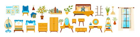 침실 어린이 방 거실 및 홈 오피스를 위한 비용 친환경 가구 및 장식 요소 세트는 보헤미안 스타일입니다 손으로 그린 플랫 스타일의 삽화 인테리어 디자이너에 대한 스톡 벡터