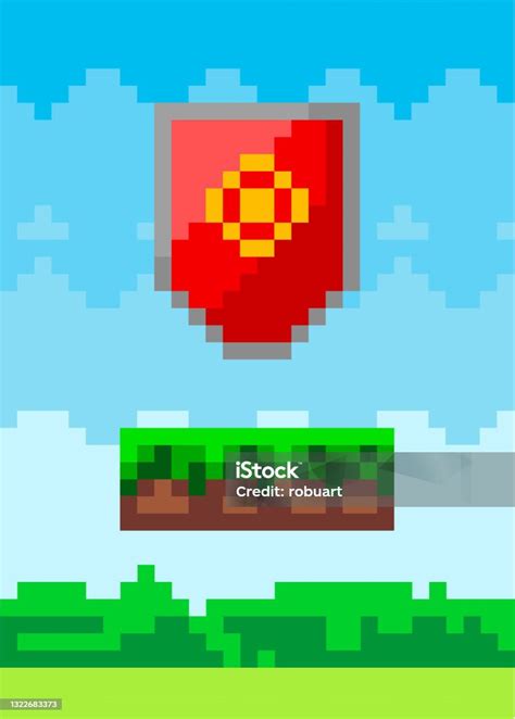 픽셀 게임 레드 쉴드 아이콘 자연 환경에서 픽셀 스타일로 추상 배플 픽셀화 된 개체 개념에 대한 스톡 벡터 아트 및 기타 이미지