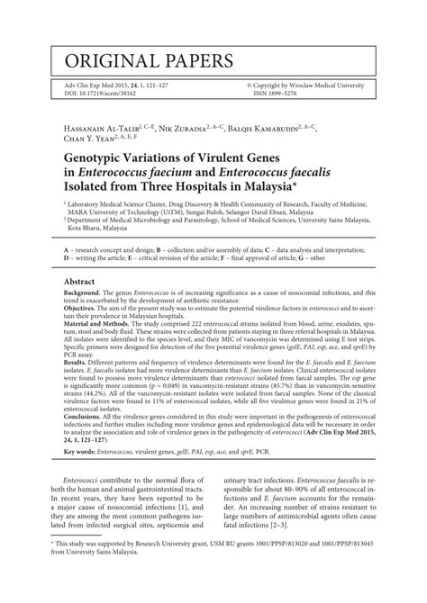 Pdf Genotypic Variations Of Virulent Genes In Enterococcus Faecium And Enterococcus Faecalis