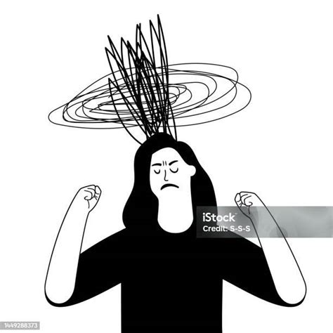 화가 난 여자는 손을 주먹으로 꽉 쥐었다 불안 우울증 좌절 성격 장애의 개념 정신 건강 문제를 보여 주는 흑백 벡터 그림