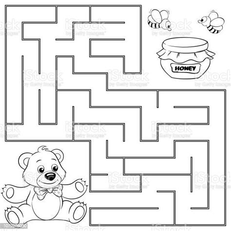 베어 허니에 대 한 경로 찾을 도움이 됩니다 미 궁입니다 아이 들을 위한 미로 게임 색칠에 대 한 흑인과 백인 벡터 일러스트 레이 션 컬러링 북 페이지 일러스트레이션 기법에