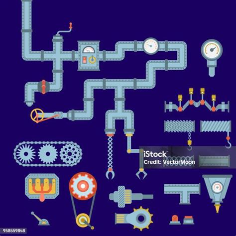 기계 부품 다른 메커니즘 벡터 기계 제조 작업의 세부 디자인 기어 장비 산업 엔진 그림 가공 기술 강철에 대한 스톡 벡터 아트