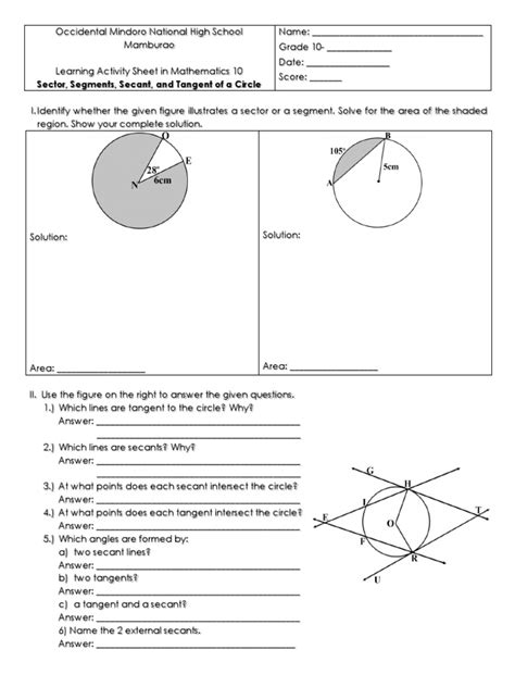Las 6 Sector Segment Secant And Tangent Of A Circle Pdf Tangent