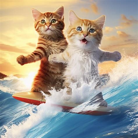 Premium Photo There Are Two Cats Riding A Surfboard On A Wave Generative Ai